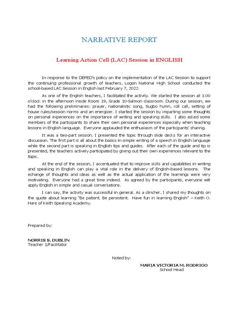 Narrative Report Lac Session English Sy 2021 2022 | PDF