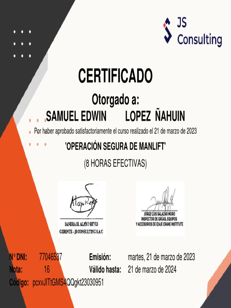 Certificado de Manlift para Samuel López | PDF