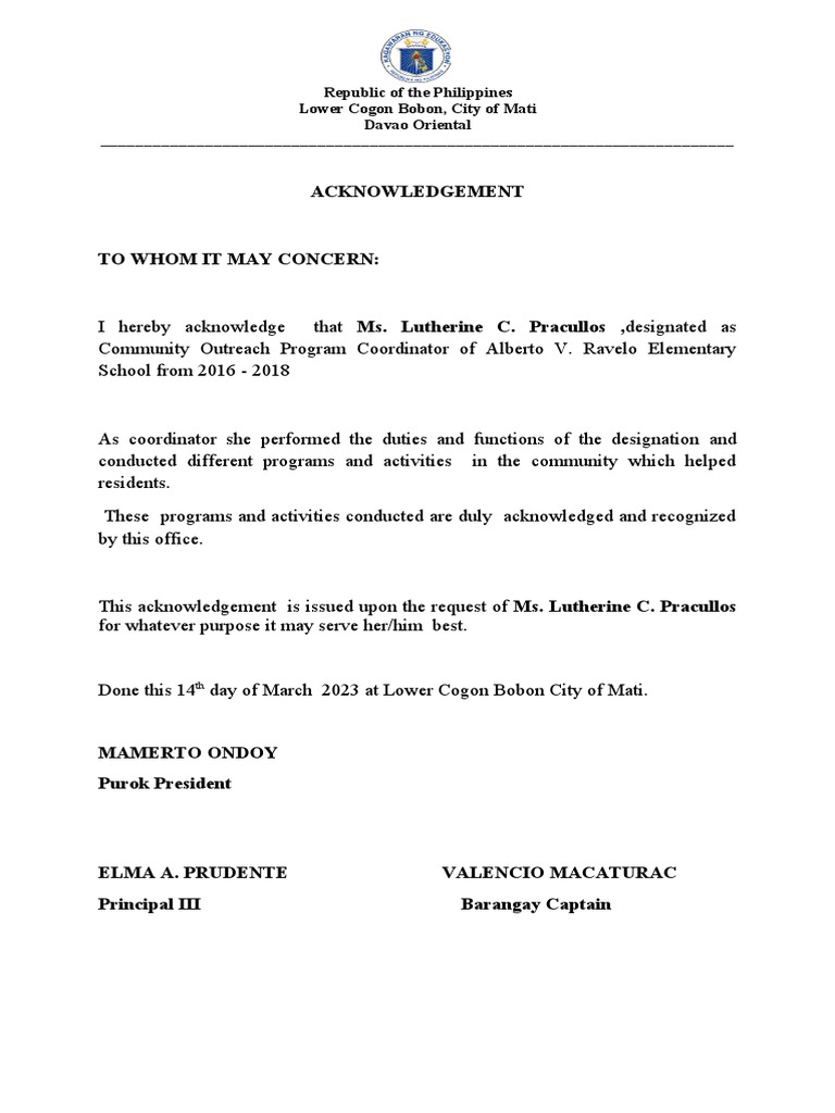 Acknowledgement: Republic of The Philippines Lower Cogon Bobon, City of ...