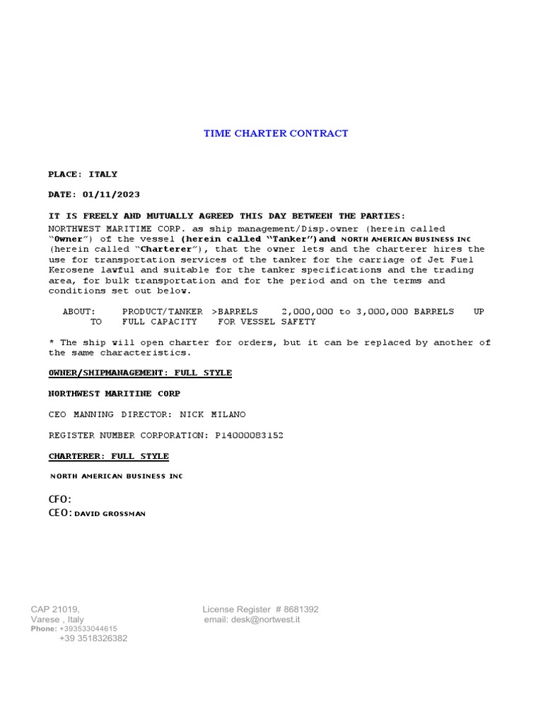 Time Charter Contract: Place: Italy DATE: 01/11/2023 It Is Freely and ...