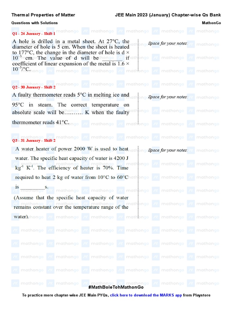 Thermal Properties of Matter JEE Main 2023 (January) Chapter-Wise Qs ...