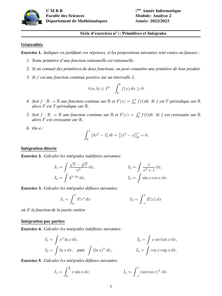 Exercices sur Primitives et Intégrales | PDF | Intégral | Concepts ...