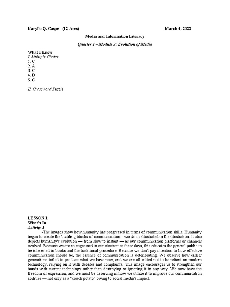 Quarter 1 - Module 3: Evolution of Media: I. Multiple Choice | PDF ...
