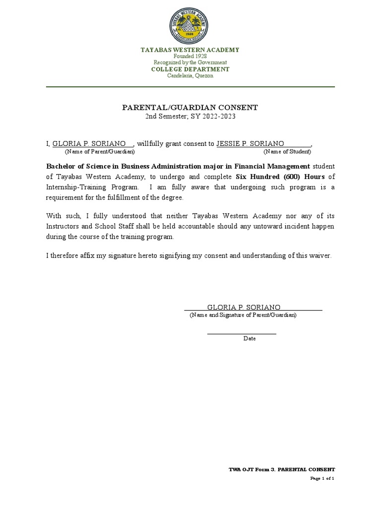 OJT Form 3. PARENTAL GUARDIAN CONSENT | PDF