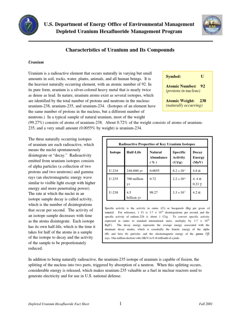 Uranium Characteristics Fs | PDF | Uranium | Radioactive Decay