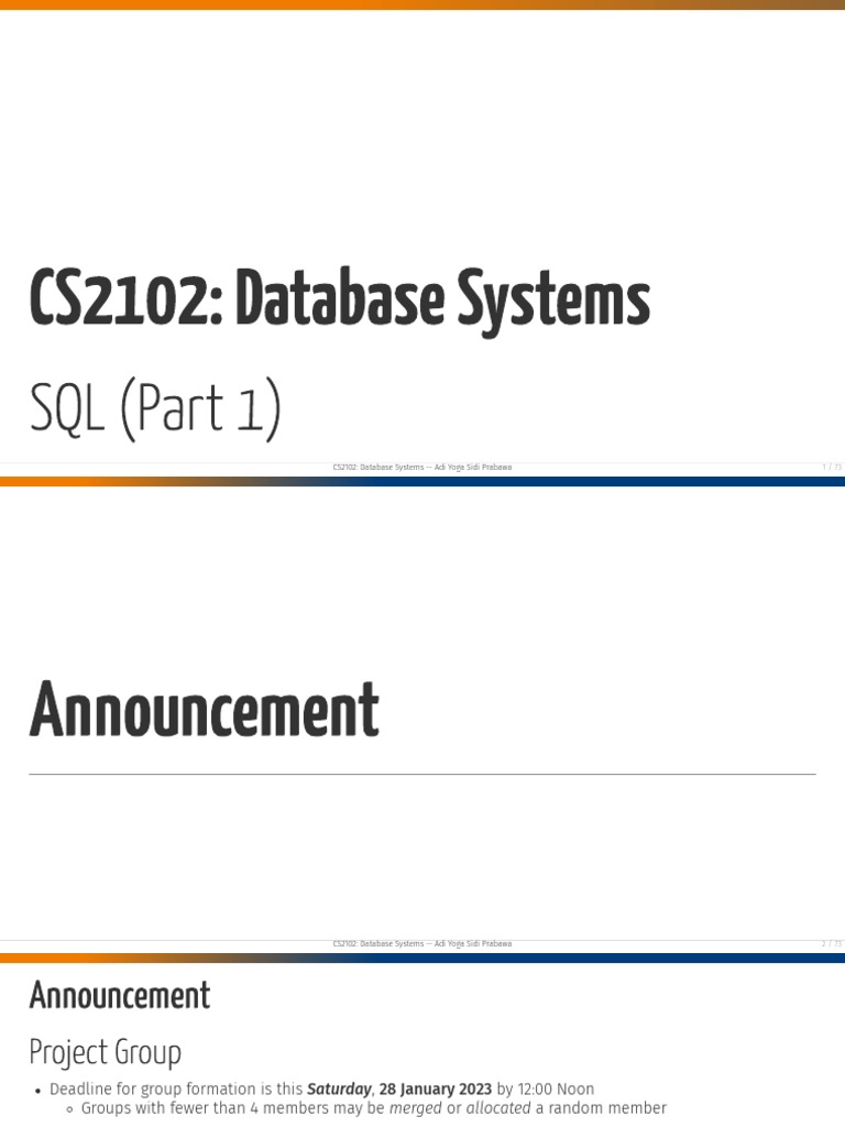 CS2102: Database Systems - Adi Yoga Sidi Prabawa 1 / 73 | PDF | Relational Database | Sql