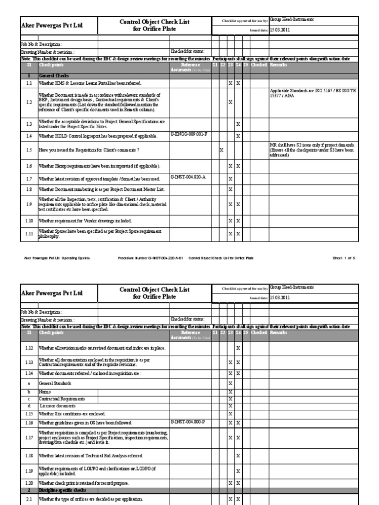 G-INST-004.220-A Checklist For Orifice Plate | PDF | Chemical ...