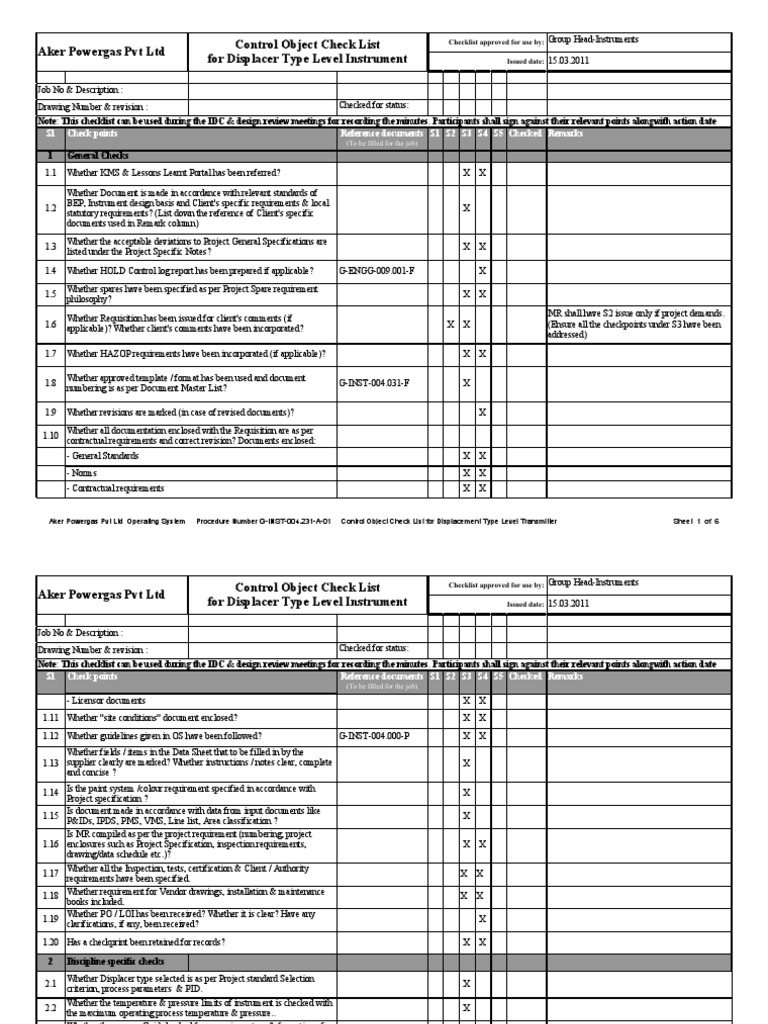 G-INST-004.231-A Checklist For Displacement Type Level Instrument | PDF ...