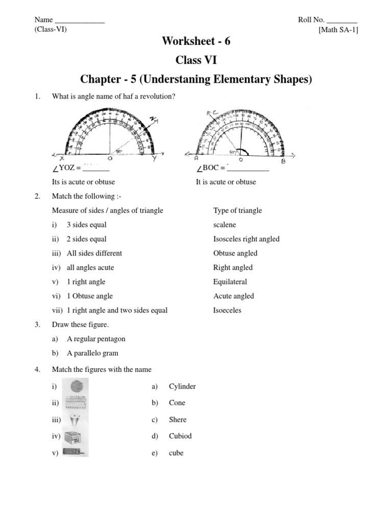 CBSE Class 6 Understanding Elementary Shapes Worksheet | PDF