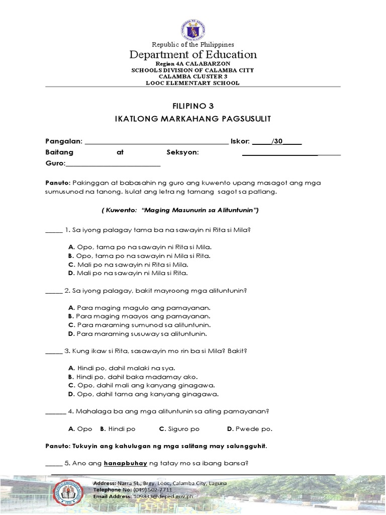 Q3-FILIPINO 3-PT-KEY TO CORRECTION - Final Na | PDF