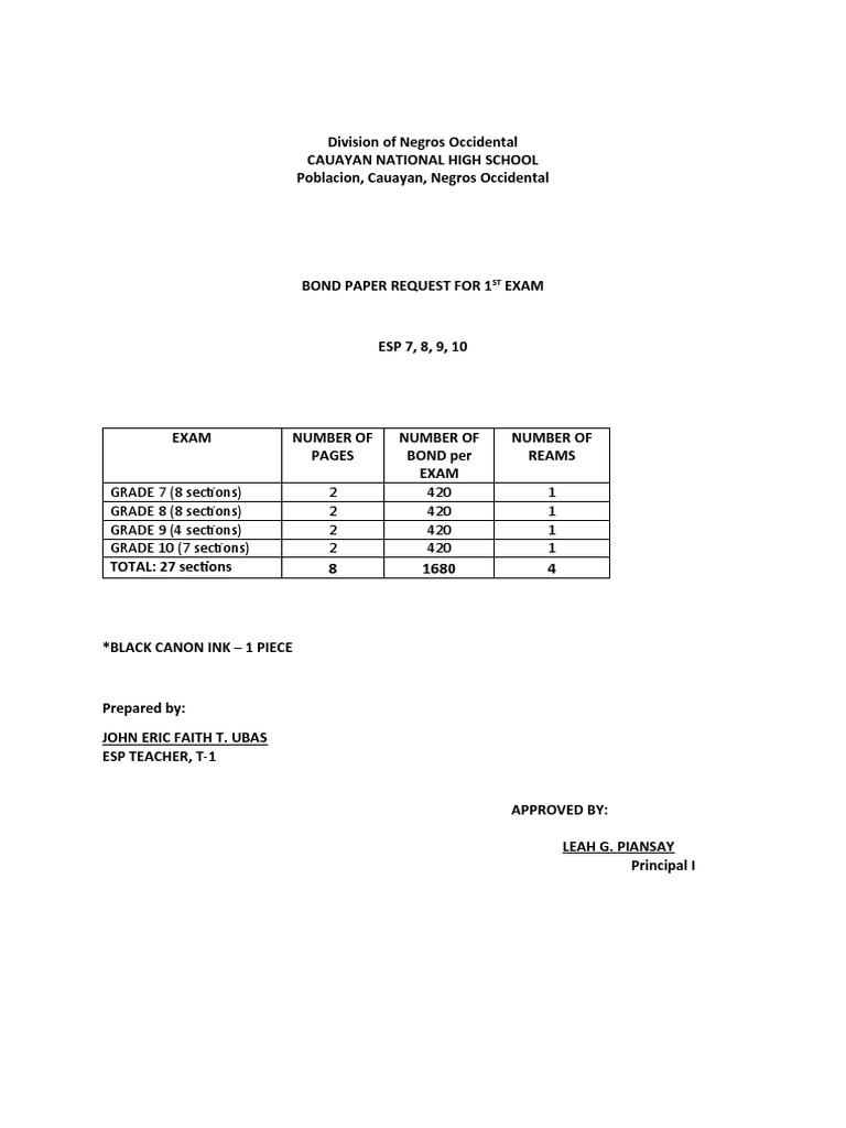 Bond Paper Request 1stQ Exam | PDF
