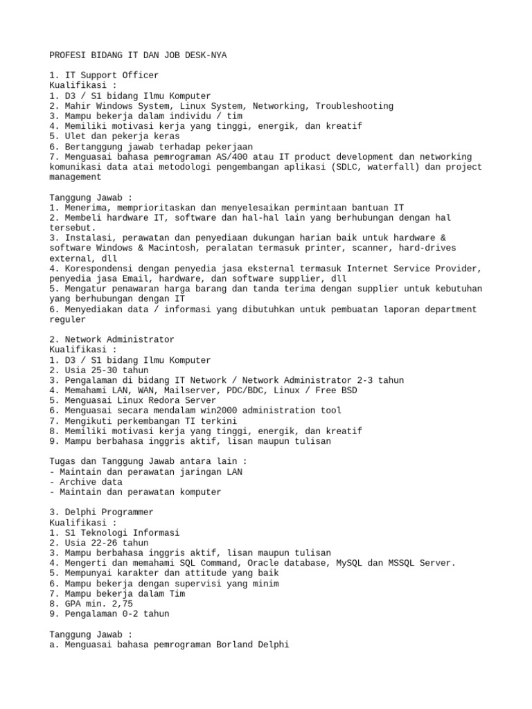 Profesi dan Tugas di Bidang IT | PDF