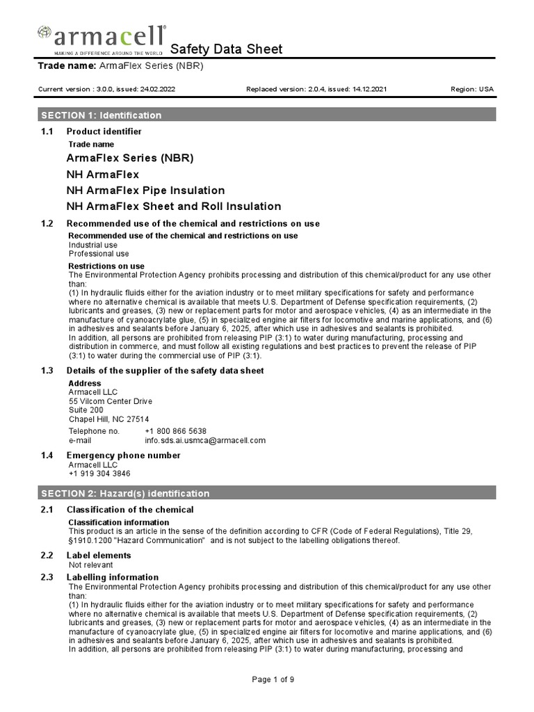SDS ArmaFlex NBR Series NH ArmaFlex - EN.US.2022 | PDF | Toxicity | Safety