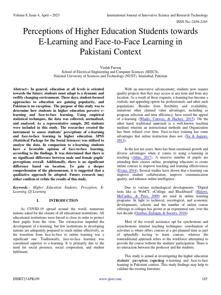 Student Perceptions of E-Learning vs. Face-to-Face Learning in Pakistan ...