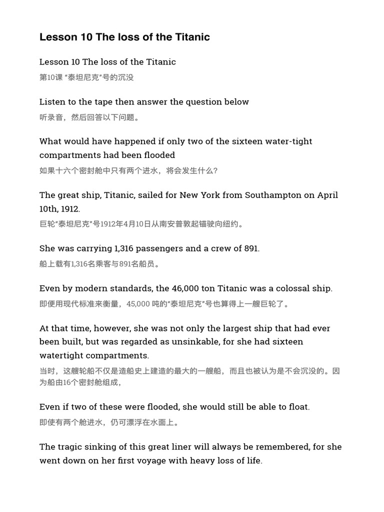 Lesson 10 The Loss of The Titanic | PDF