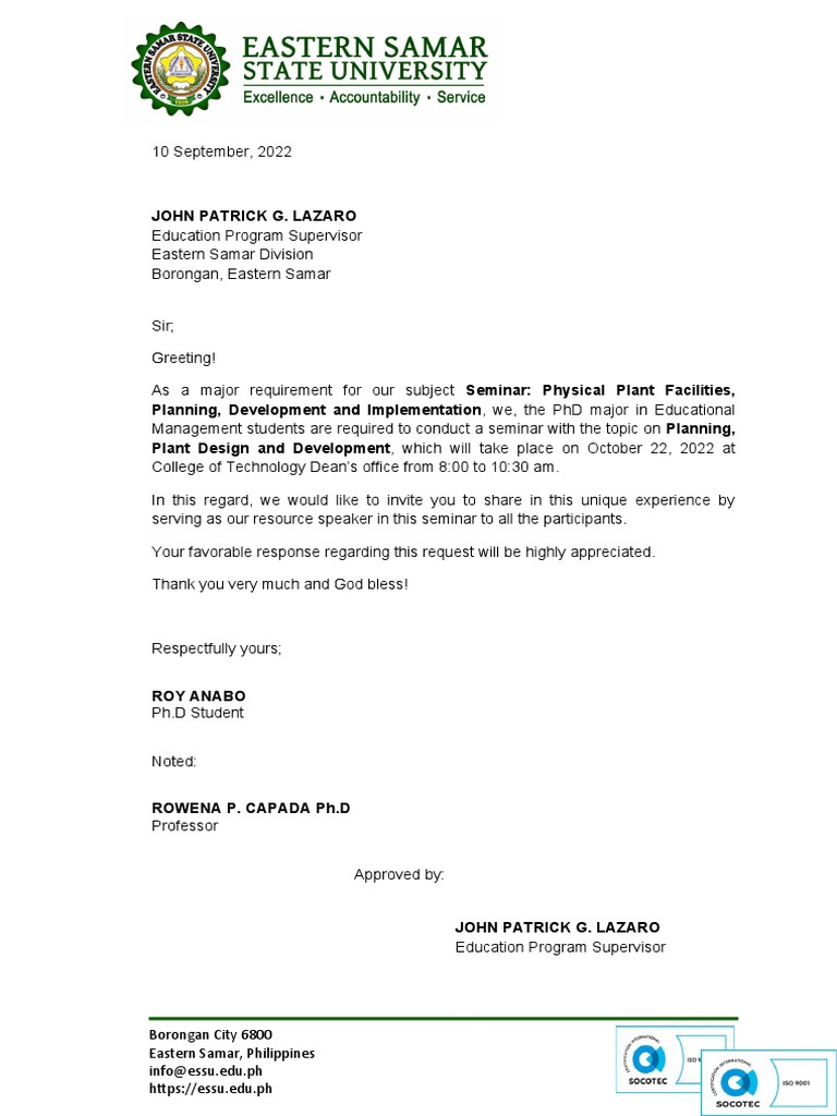 Invitation for Resource Speaker at Seminar | PDF | Business