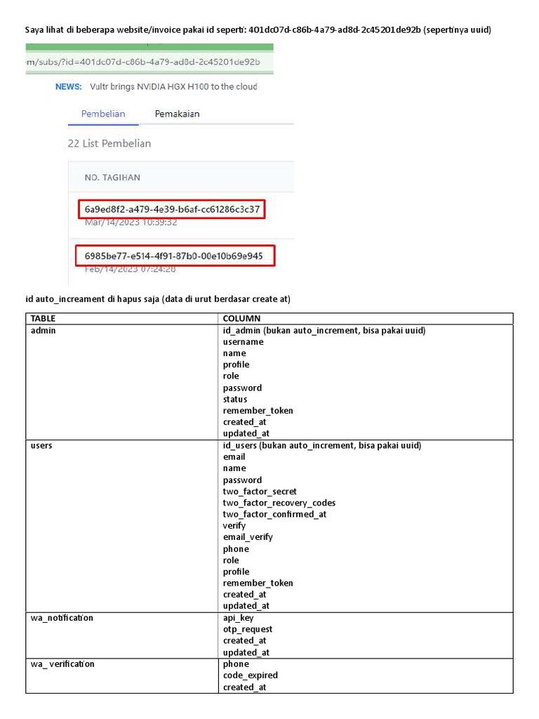 Document discussing the removal of auto-increment IDs and use of UUIDs for various database ...