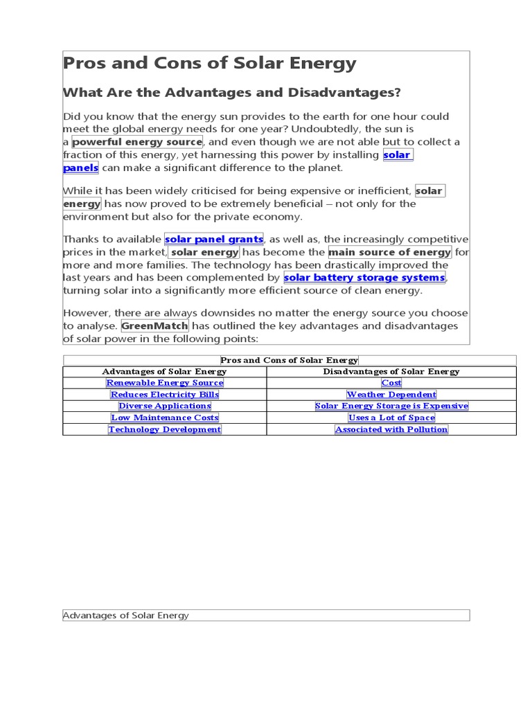 Pros and Cons of Solar Energy | PDF | Solar Power | Photovoltaics