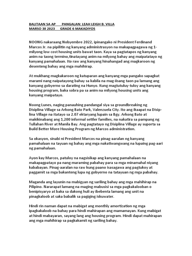 Balitaan Sa Ap Pangalan: Leah Leigh B. Villa Marso 30 2023 Grade 6 ...