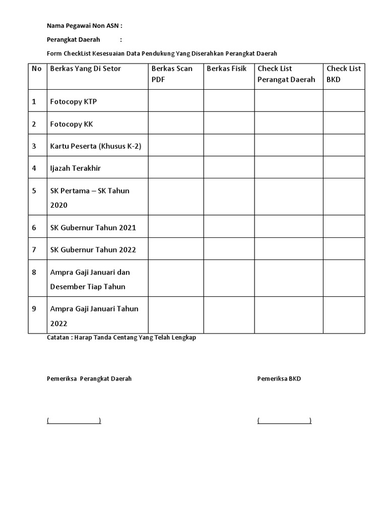 Form Checklist Kesesuaian Data Pendukung Yang Diserahkan Perangkat ...