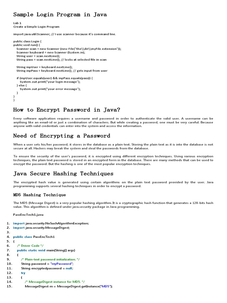 Sample Login Program in Java: MD5 Hashing Technique | PDF | Password | Computer Programming