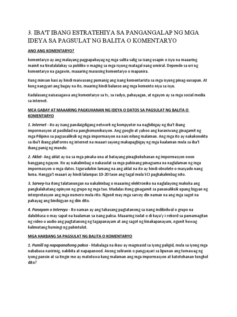 Ibat Ibang Estratehiya Sa Pangangalap NG Mga Ideya Sa Pagsusulat NG Balita o Komentaryo | PDF
