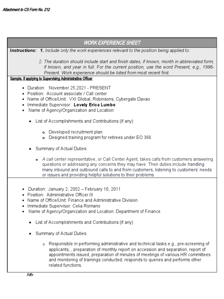 Work Experience Sheet: Instructions: 1. Include Only The Work ...