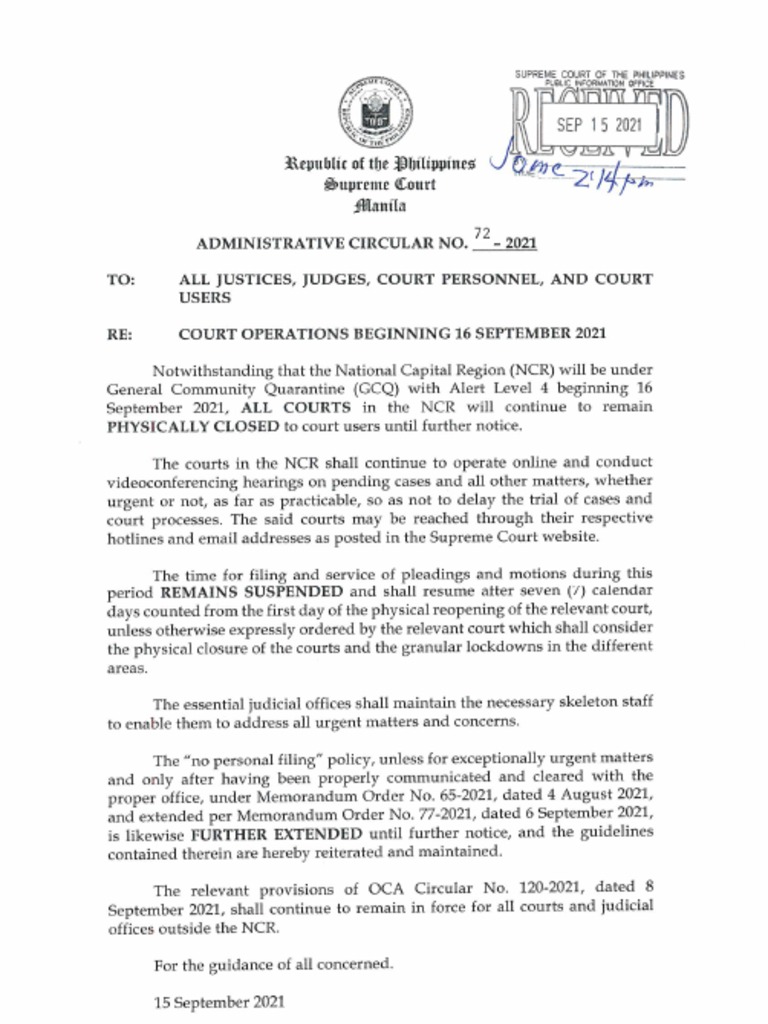 Administrative Circular No. 72-2021 (15 September 2021) | PDF