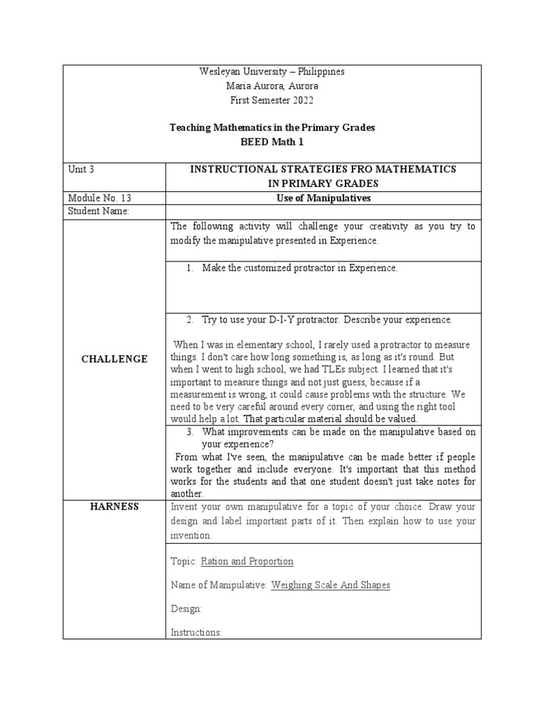 Module Number 13 - Use of Manipulatives | PDF | Mathematics | Behavior Modification