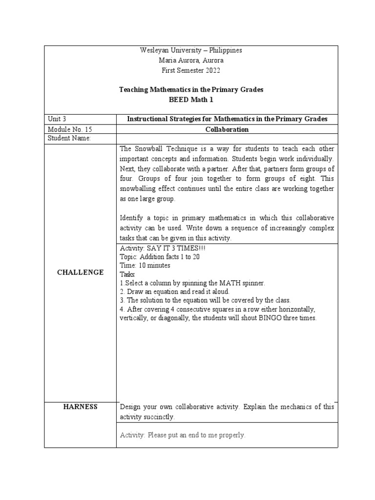 Teaching Mathematics in The Primary Grades BEED Math 1 Instructional ...