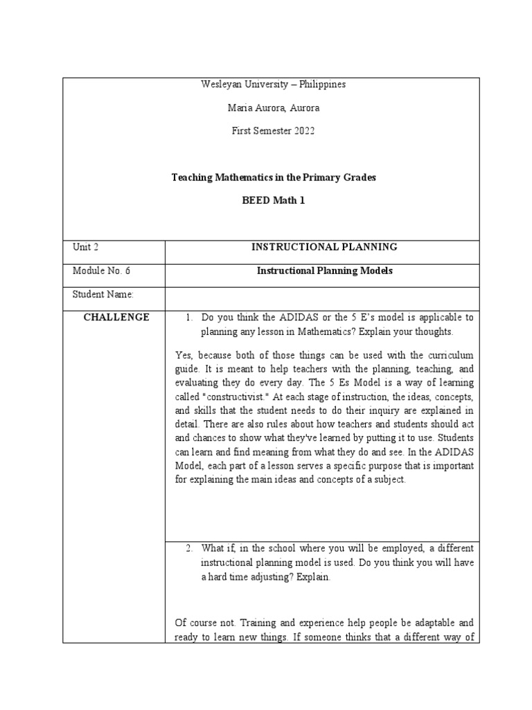Module Number 6 Instructional Planning Models | PDF | Teachers | Curriculum