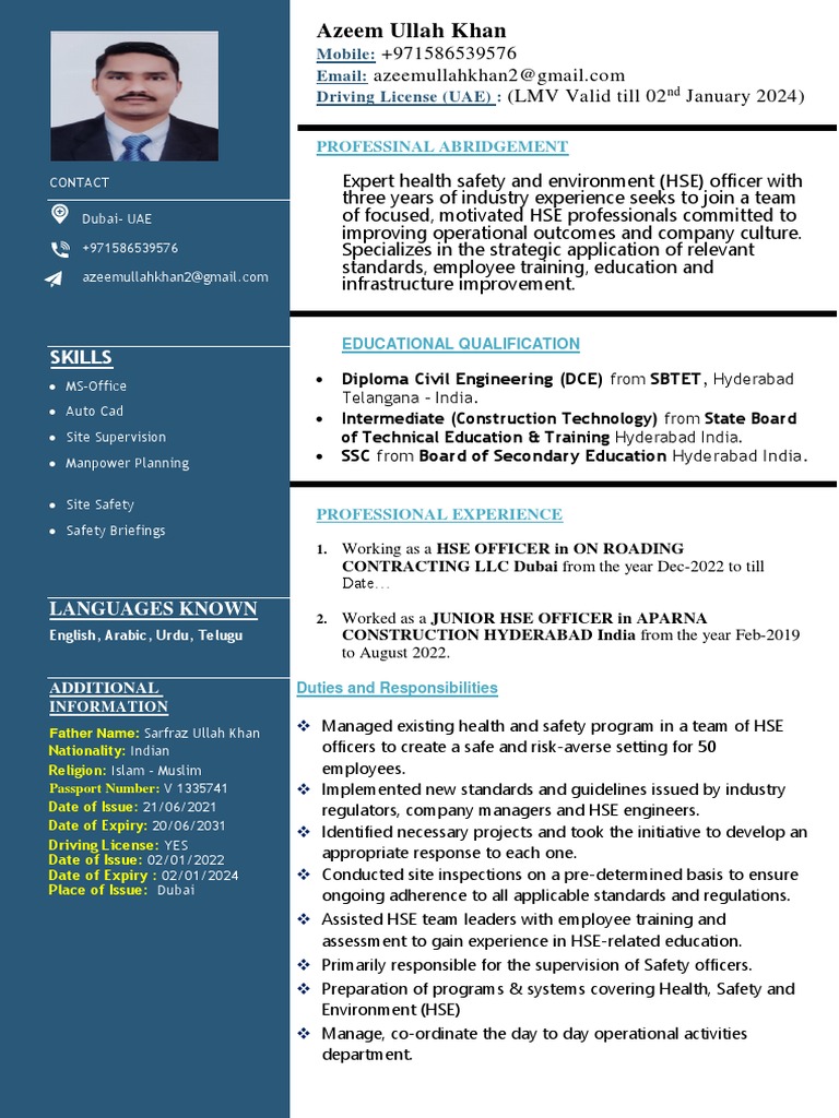 Azeem Ullah Khan-HSE CV | PDF | Regulatory Compliance | Safety