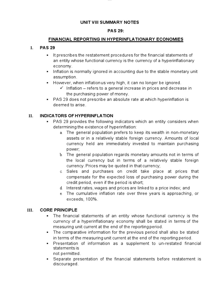 Unit Viii Summary Notes PAS 29: Financial Reporting in ...