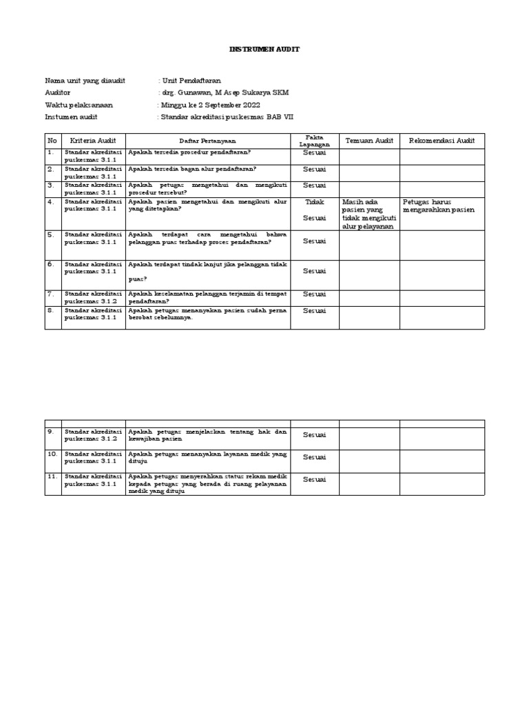 Instrumen Audit Pendaftaran | PDF