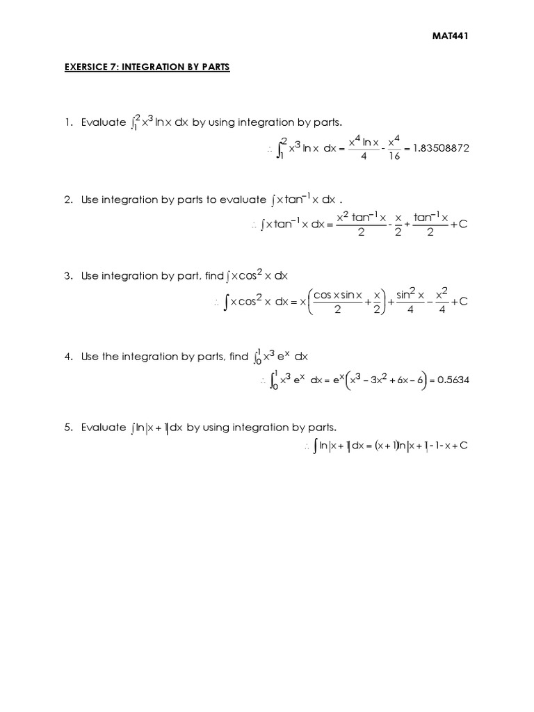 Exercise 7 Integration by Parts | PDF