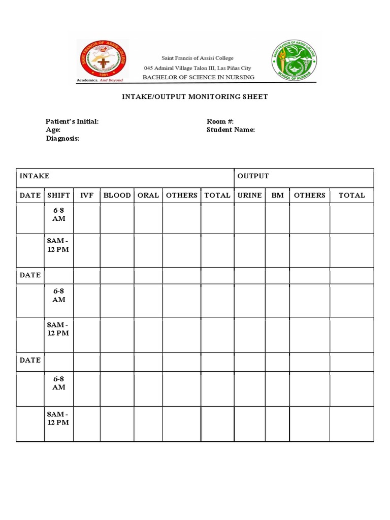 Intake/Output Monitoring Sheet | PDF