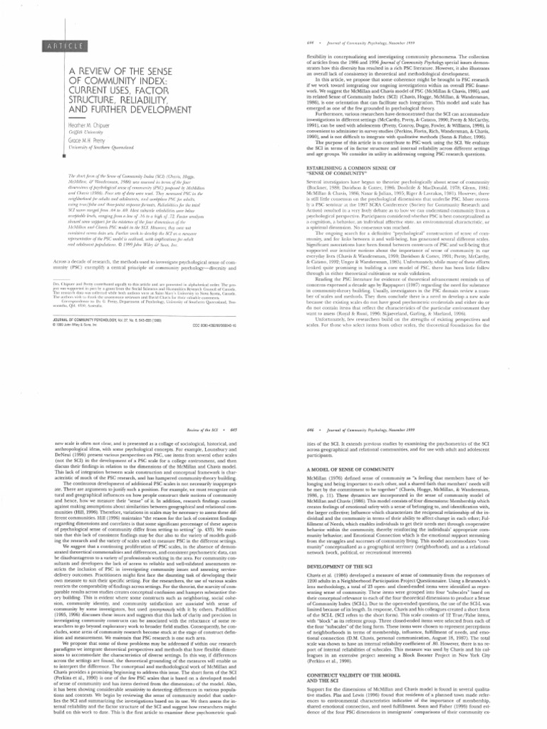 A Review of The Sense of Community Index Current Uses, Factor Structure ...
