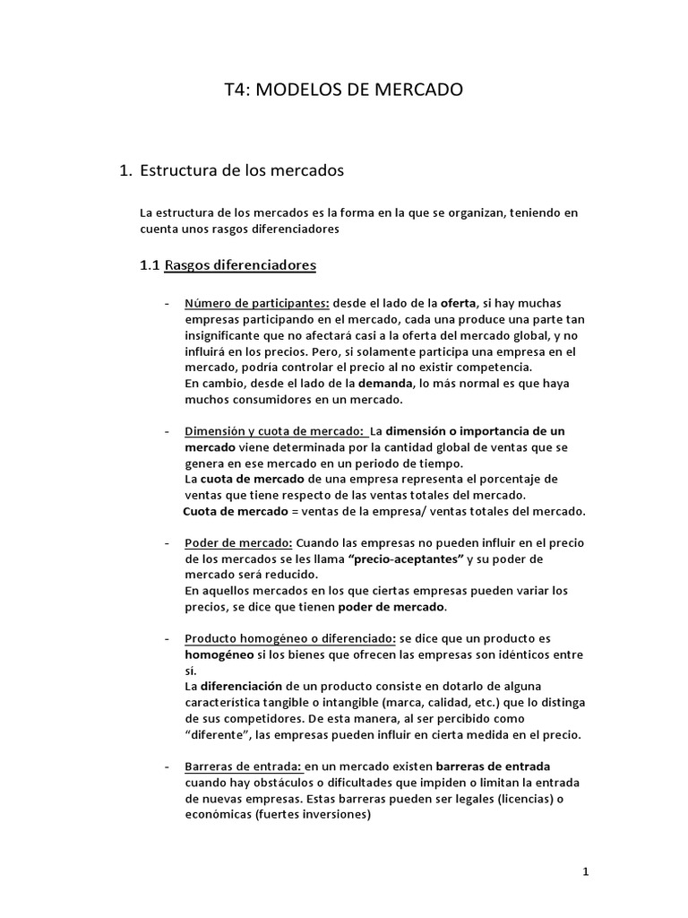 T4: Modelos de Mercado: 1. Estructura de Los Mercados | PDF | Mercado (economía) | Monopolio