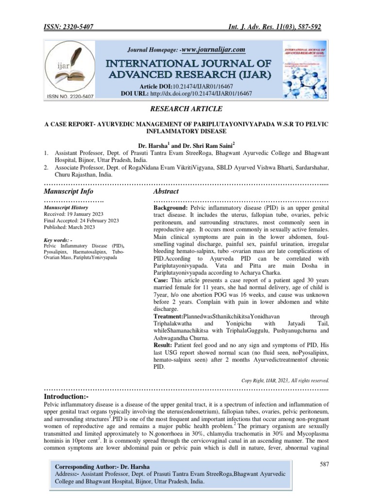 A Case Report - Ayurvedic Management of Pariplutayonivyapada W.S.R To ... A Case Report - Ayurvedic Management of Pariplutayonivyapada W.S.R To ...
