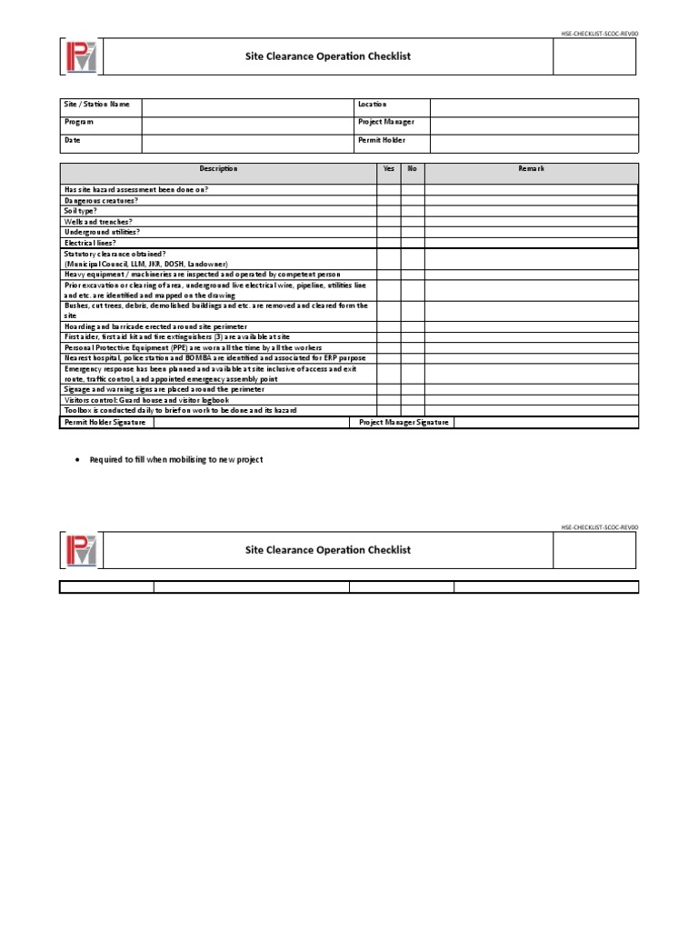 Site Clearance Inspection Checklist | PDF