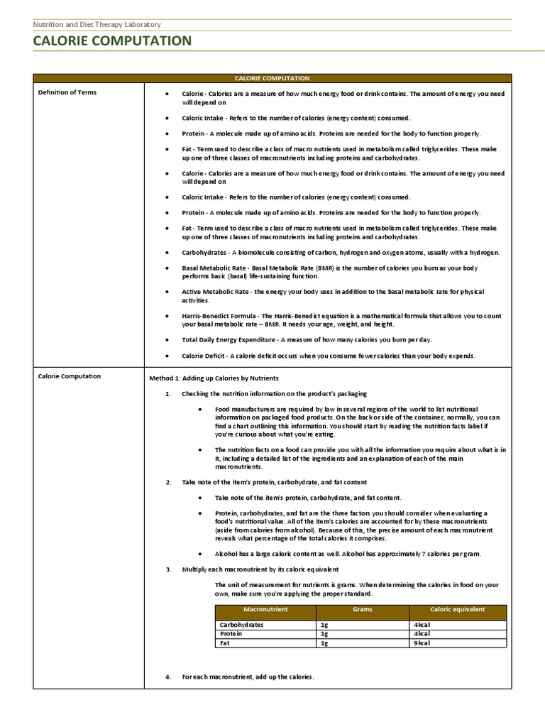 Nutrition Lab Calorie Calculation Guide | PDF | Food Energy | Calorie