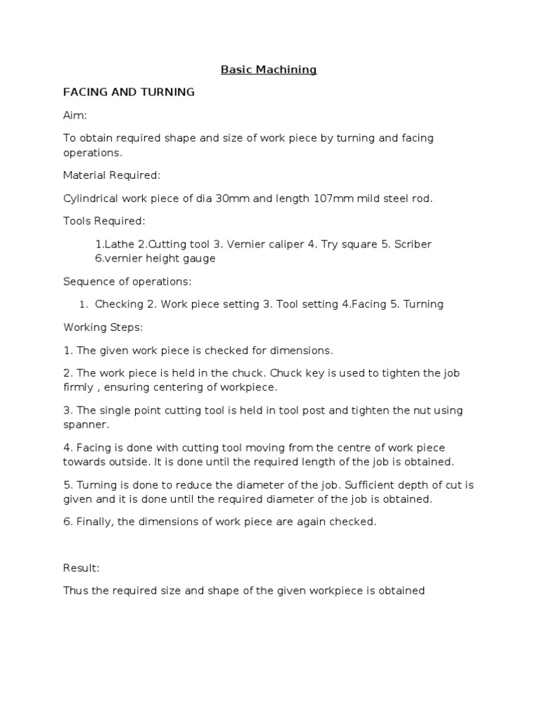 Basic Machining Facing and Turning | PDF | Machining | Drilling