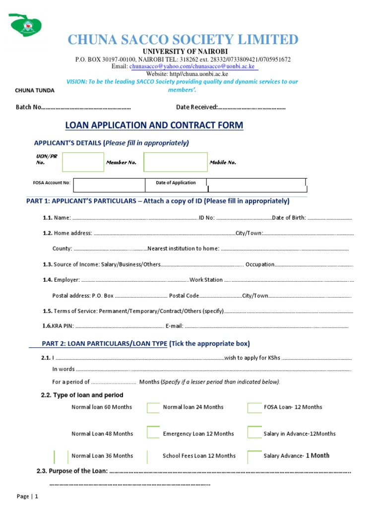 Chuna Sacco Society Limited: Loan Application and Contract Form | PDF ...