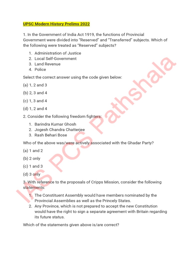 UPSC Modern History Prelims PYQs Compilations | PDF | British Raj ...