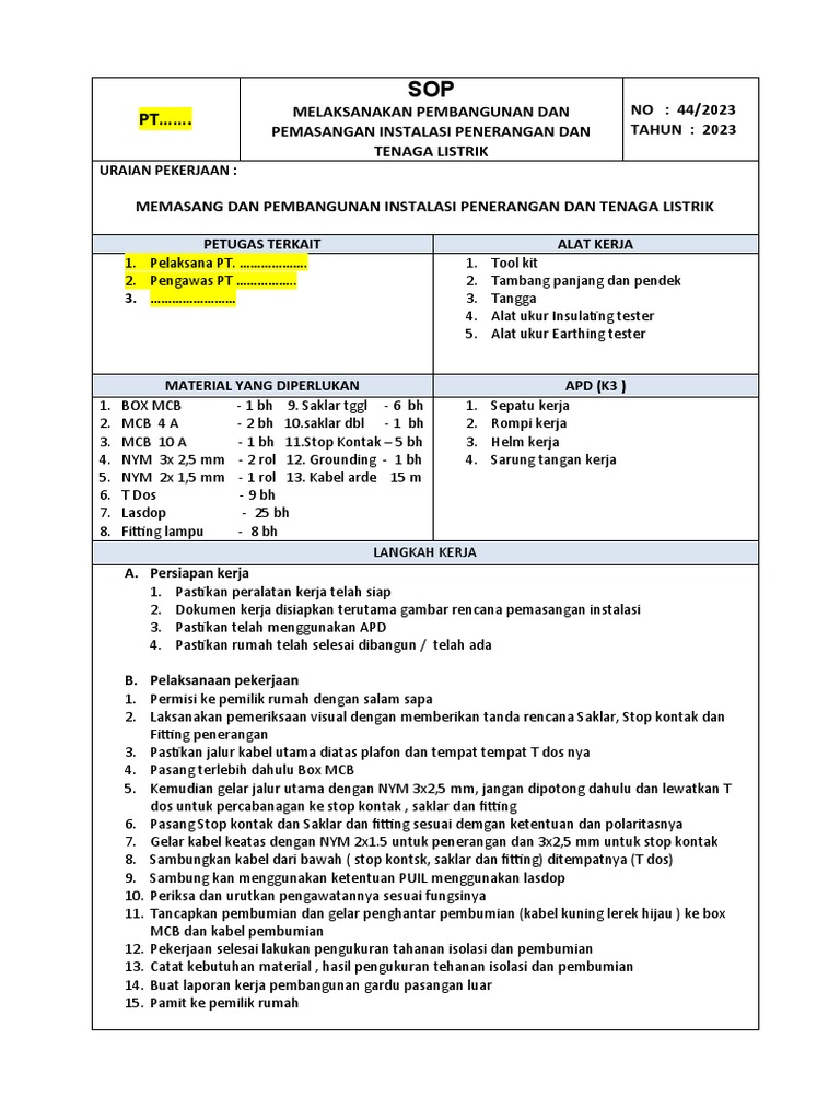 CONTOH SOP BANGSANG INSTALASI RUMAH - GEDUNG | PDF