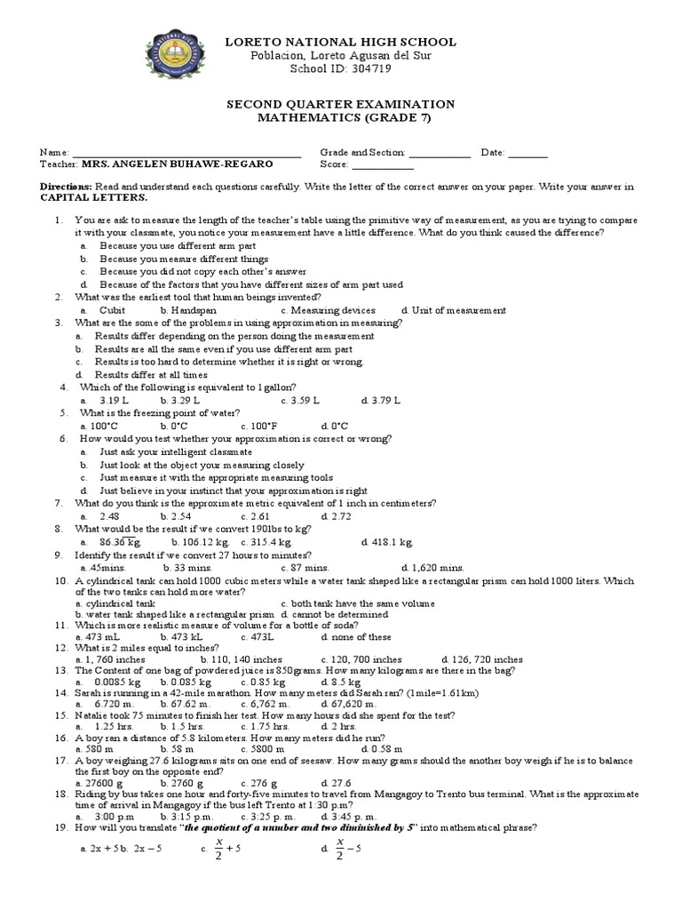 Second Quarter Exam Mathematics 7 | PDF | Polynomial | Volume