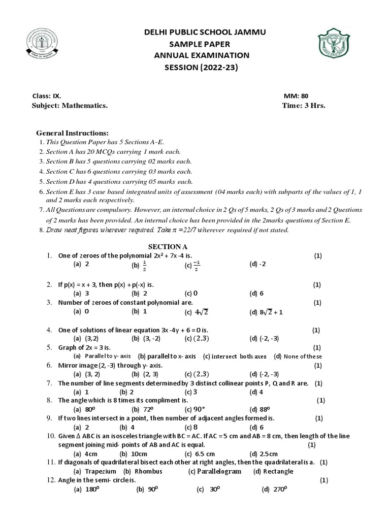 Sample Paper IX Mathematics Annual Exams 2022-23 | PDF | Area | Triangle