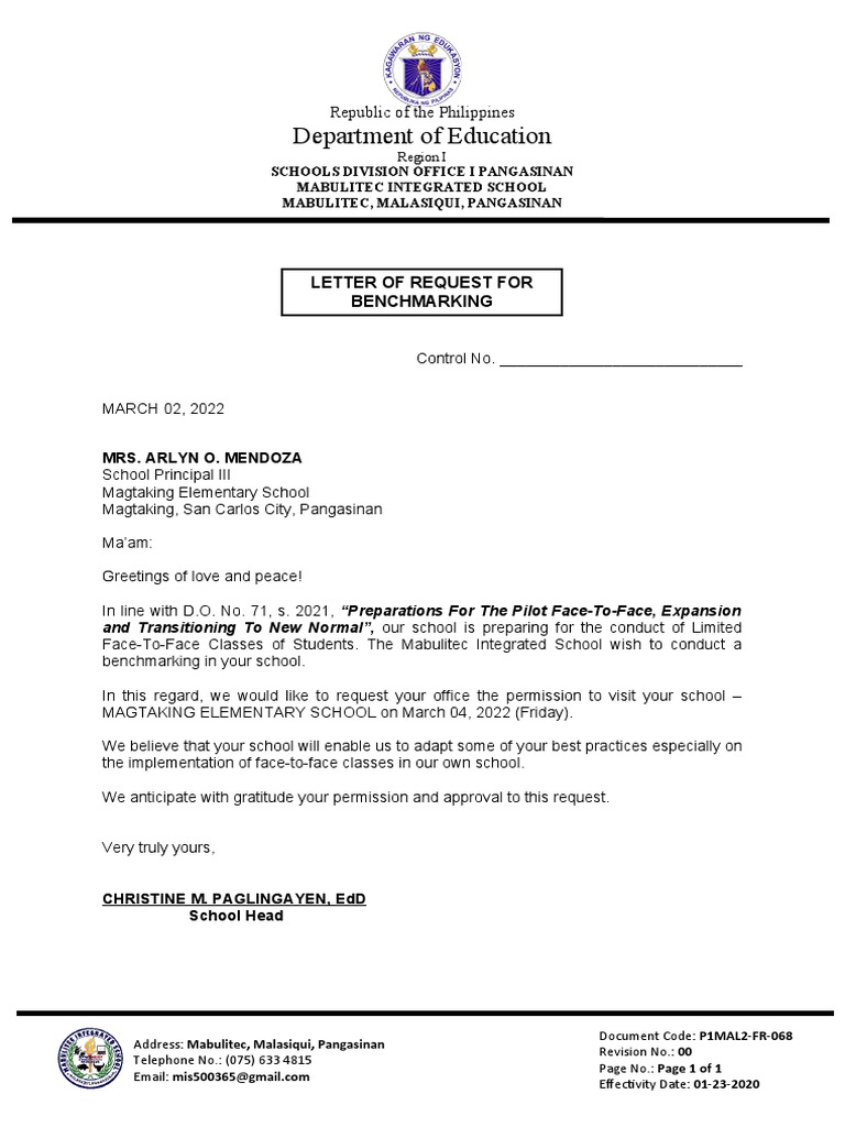 Letter of Request For Benchmarking - CDCNHS | PDF Letter of Request For Benchmarking - CDCNHS | PDF