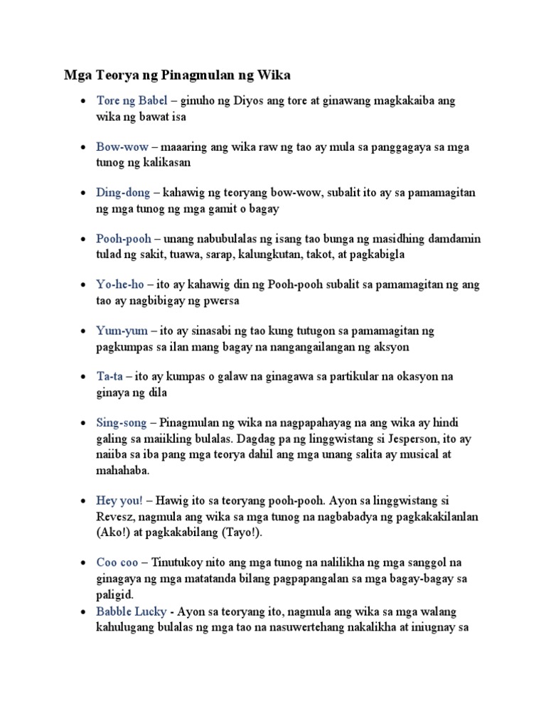 Mga Teorya NG Pinagmulan NG Wika | PDF