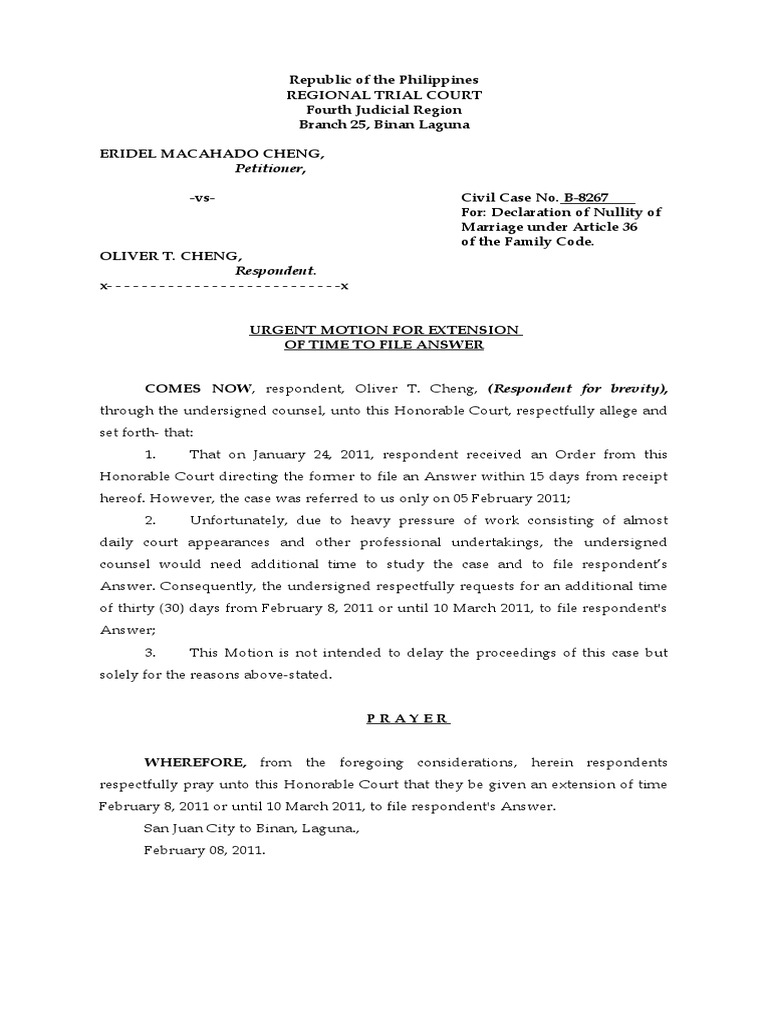 Motion for Extension to File Answer in Nullity Case | PDF | Courts | Government